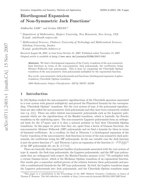 Pdf Biorthogonal Expansion Of Non Symmetric Jack Functions