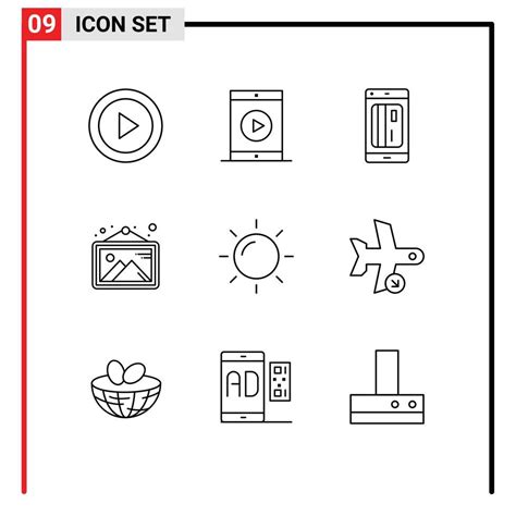Editable Vector Line Pack Of 9 Simple Outlines Of Photo Gallery Movie Digital Cashless Editable