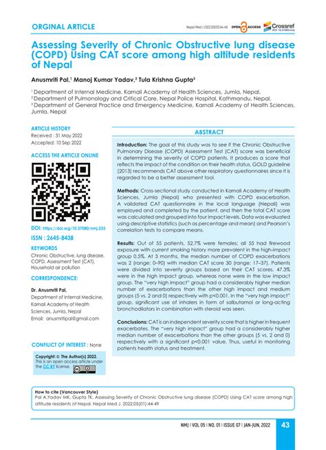 Pdf Assessing Severity Of Chronic Obstructive Lung Disease Copd Using Cat Score Among High