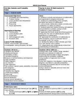 IB Math Analysis And Approaches SL Topic Statistics Probability Unit Plan