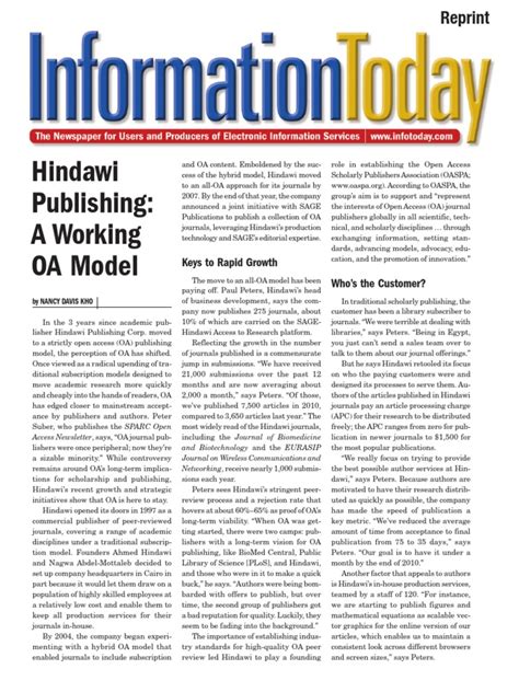 Hindawi Publishing A Working Oa Model Keys To Rapid Growth Whos The