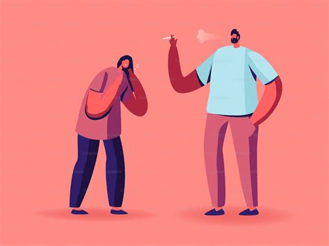 연기로 고통받는 기침을 하는 여자는 담배를 피우는 남자 근처에 서 있다 캐릭터 수동적인 초침은 공공 장소에서의 흡연 건강에