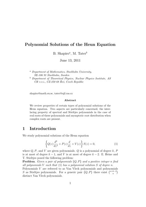 Pdf Polynomial Solutions Of The Heun Equation
