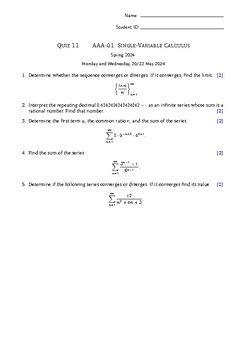 Single Variable Calculus Quiz Sequence And Series By Anchoraging Alaska
