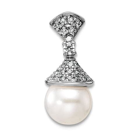 73mm 14k White Gold Polished Diamond And Pearl Chain Slide Chain