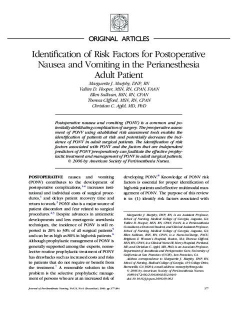 Pdf Identification Of Risk Factors For Postoperative Nausea And Vomiting In The Perianesthesia