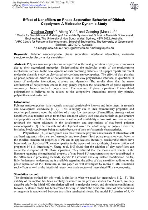 Pdf Effect Of Nanofillers On Phase Separation Behaviour Of Diblock Copolymer A Molecular