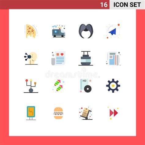 Flat Color Pack Of 16 Universal Symbols Of Assortment Send Moustache Paper Plane Men Stock