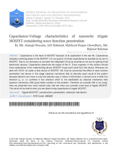 Pdf Capacitance Voltage Characteristics Of Nanowire Trigate Mosfet