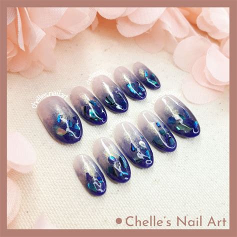 Jual Navy Ombre Shell Chrome Nails Custom Fake Nails Kuku Palsu