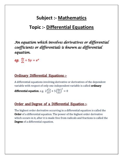 Differential Equation Class Notes Mathematics Honours Calcutta