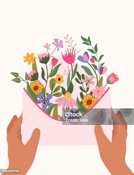 봉투 안에 봄 꽃다발이 있는 아름다운 엽서 생일 결혼식 어머니의 날 봄 등을 축하하기위한 꽃꽂이 벡터 그림입니다 3월에 대한 스톡 벡터 아트 및 기타 이미지 Istock