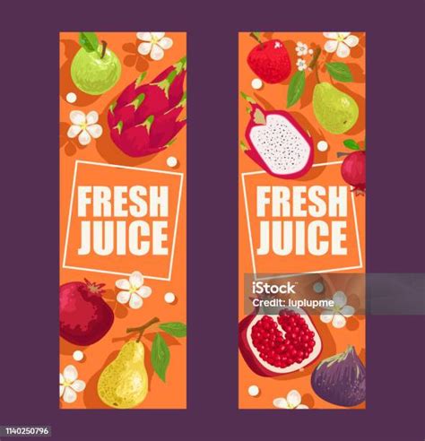 열 대 과일 배너 벡터 일러스트 레이 션의 설정 망고스틴 사과 용 과일 배 석류 석 등의 이국적인 여름 제품 나뭇잎과 꽃입니다 반쪽과 전체 과일 0명에 대한 스톡 벡터 아트