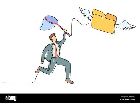 Single Continuous Line Drawing Businessman Try To Catching Flying