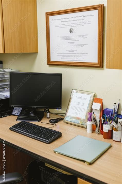 A Doctors Desk With A Computer Monitor Medical Supplies And A Framed
