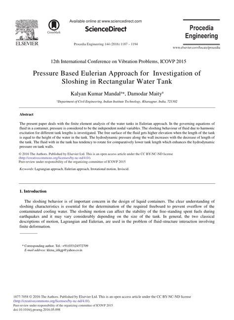 Pdf Pressure Based Eulerian Approach For Investigation Of Sloshing In Rectangular Water Tank