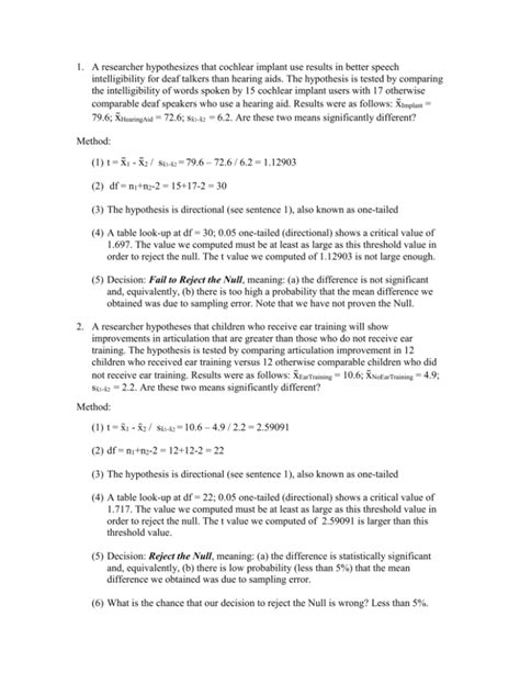 Hypothesis Testing Examples Audiology And Speech Pathology