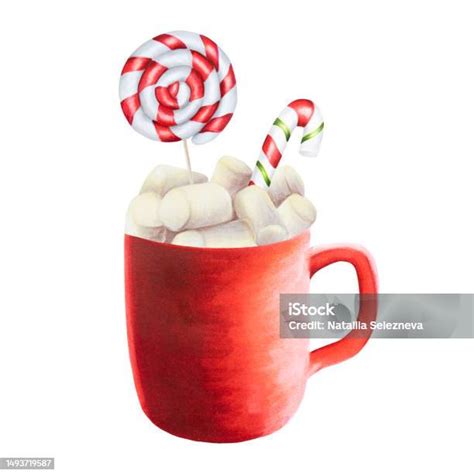 마시멜로와 사탕수수를 곁들인 뜨거운 음료의 수채화 크리스마스 컵 새해 손으로 빨간 머그잔을 하얀 배경에 분리했다 디자이너 음식 장식 메뉴 상점 엽서 포장지 표지 포스터 및