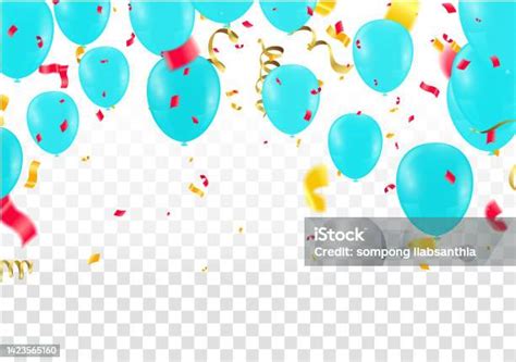풍선 다양한 색상의 벡터 일러스트 레이 션의 컬러 색종이 화환 및 스트리머를 파티 또는 카니발 사용을위한 배경에 배치 요소 펀 카드 3차원 형태에 대한 스톡 벡터 아트 및