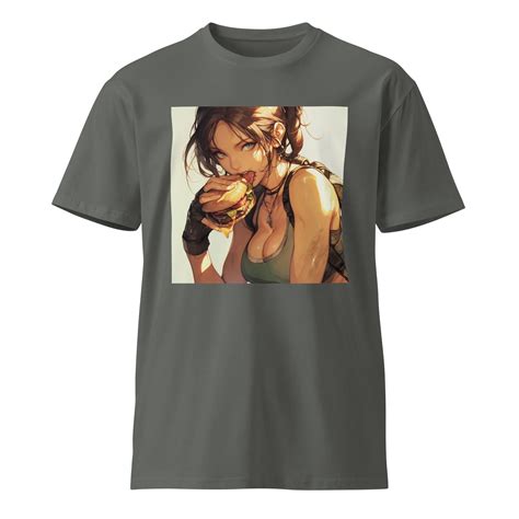 Tomb Raider Seductive Lara Croft Enjoying A Cheeseburger Shirt Playful