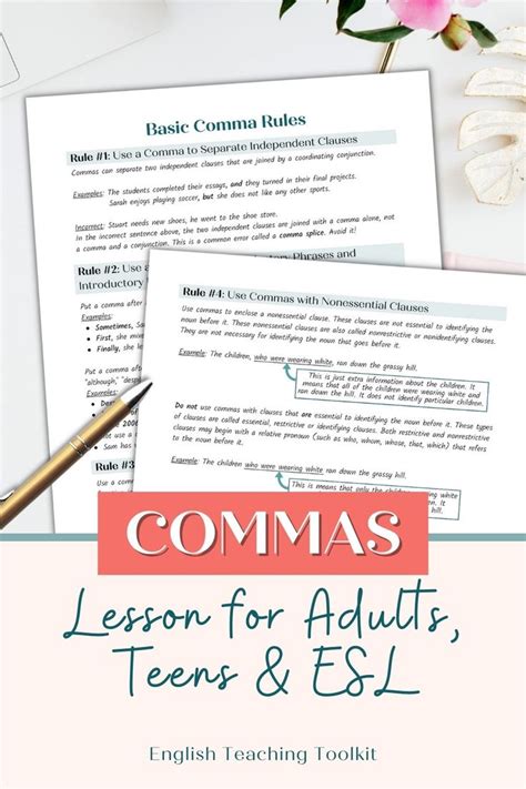 Commas Punctuation Writing Activities For Adult Esl Ela Comma Rules