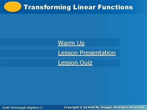 Transforming Linear Functions Warm Up Lesson Presentation Lesson