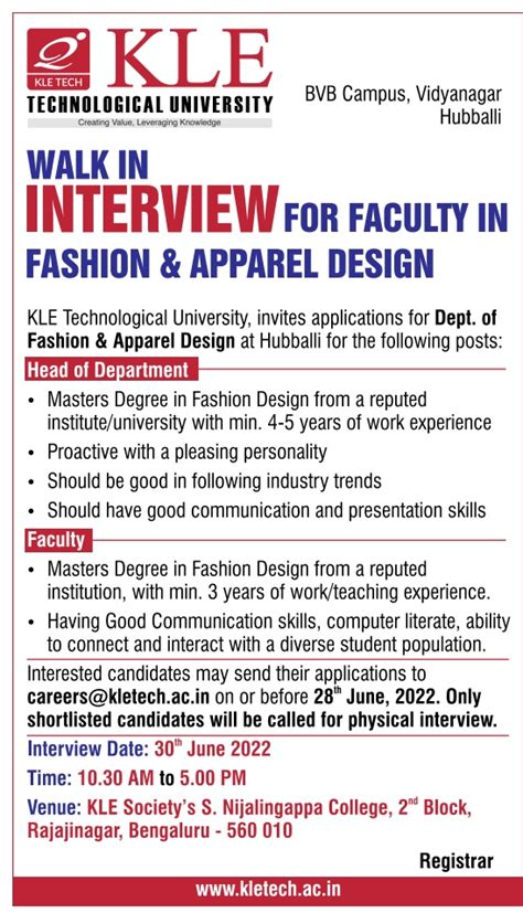 Kle Technological University Hubballi Wanted Head Of Department And Teaching Faculty Facultyplus