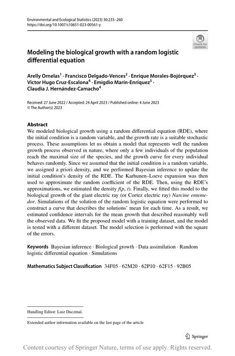 Pdf Modeling The Biological Growth With A Random Logistic Differential Equation