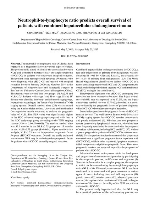 Pdf Neutrophil To Lymphocyte Ratio Predicts Overall Survival Of Patients With Combined