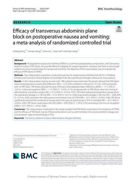 Pdf Efficacy Of Transversus Abdominis Plane Block On Postoperative Nausea And Vomiting A Meta