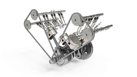 내부 연소 엔진의 3d 렌더링입니다 엔진 부품 크랭크축 피스톤 연료 공급 시스템 크랭크축 흰색 절연 된 V6 엔진 피스톤입니다 자동차 엔진 내부의 그림입니다 3차원 형태에