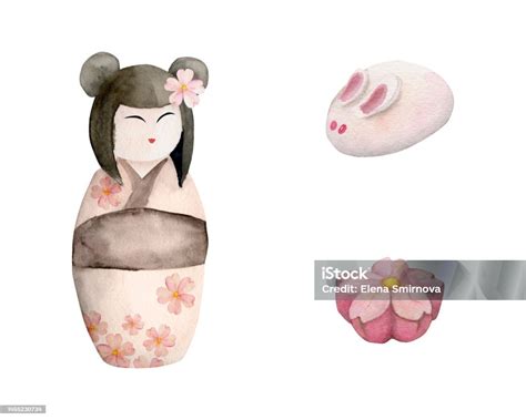 수채화 손으로 그린 일본 전통 과자 코케시 인형과 사쿠라가 있는 봄 화가시 흰색 배경에 격리 초대장 레스토랑 메뉴 인사말 카드 인쇄 섬유 디자인 0명에 대한 스톡 벡터 아트