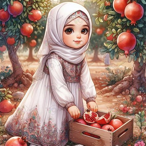 بک گراند کودکانه دختر کوچولوی ناز با حجاب در حال بلند کردن جعبه انار در باغ انار کد 43226 ویژه