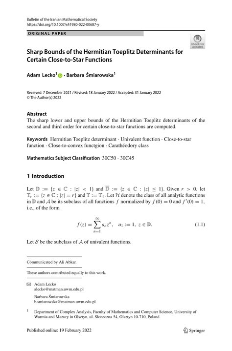Pdf Sharp Bounds Of The Hermitian Toeplitz Determinants For Certain Close To Star Functions