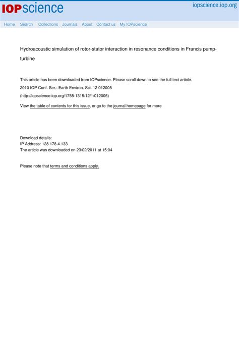 Pdf Hydroacoustic Simulation Of Rotor Stator Interaction In Resonance Conditions In Francis