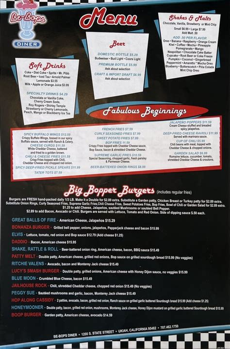 Menu Welcome To Be Bops Diner