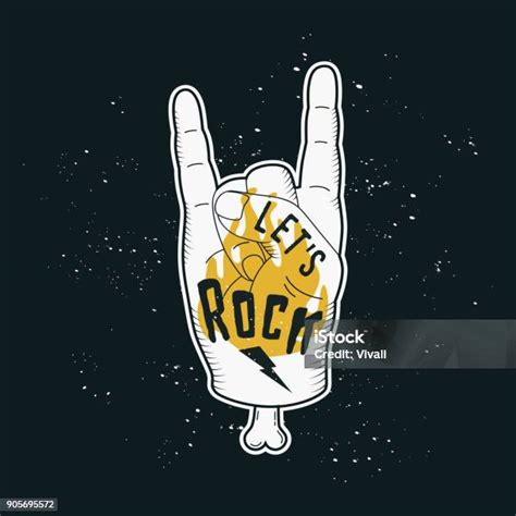 Hipster 빈티지 레이블 락 하자 인간의 손으로입니다 손 및 손가락 바위 염소 또는 헤비 메탈의 표시를 보여주는 인쇄 만화 스타일에 대한 스톡 벡터 아트 및 기타 이미지