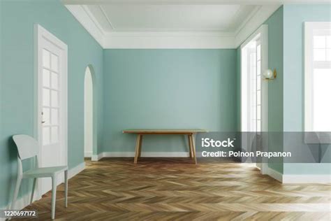 인테리어 룸 파스텔 녹색 색상 나무 테이블과 흰색 의자와 고전적인 스타일 스튜디오 조롱 3d 일러스트레이션 0명에 대한 스톡 사진 및 기타 이미지 Istock