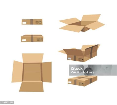 판지 오픈 및 폐쇄 재활용 상자 세트 만화 스타일 일러스트 배달 포장 플랫 그래픽 디자인 전달 클립 아트 흰색 배경에서 격리된 벡터 컬렉션 모형 가리기에 대한 스톡 벡터