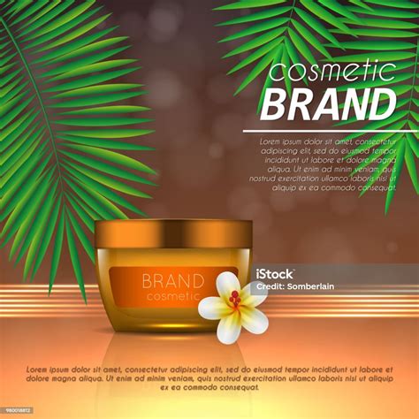 이국적인 야자수와 추상 오렌지 배경에 여름 선크림 화장품 디자인 서식 파일 나뭇잎 현실적인 태양 보호와 제품 광고입니다 3차원 형태에 대한 스톡 벡터 아트 및 기타 이미지