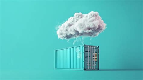 Shipping Container And Cloud Against A Teal Background Representing Cloud Storage And Logistics