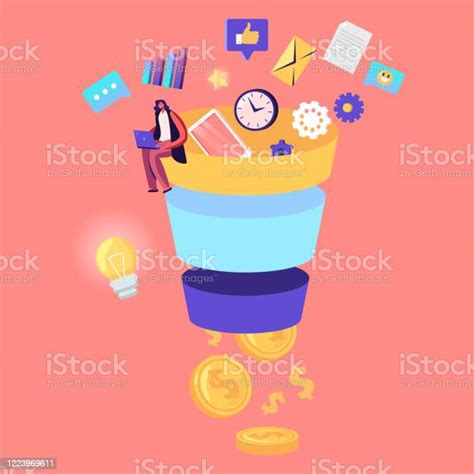 전환율 최적화 깔때기 마케팅 개념 거대한 판매 깔때기에 앉아 노트북과 작은 여성 캐릭터 디지털 마케팅 리드 세대 전략 만화 벡터