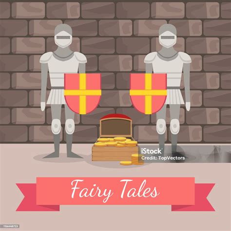 금의 상자를 지키는 갑옷에 중세 기사 동화 배너 템플릿 디자인 요소는 초대 카드 전단지 포스터 라벨 브로셔 벡터 일러스트레이션에