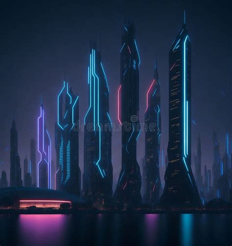 Ai Generated Illustration Of A Nightscape Of A Modern Illuminated Cityscape Stock Illustration