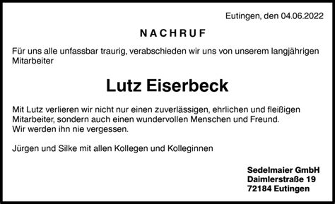 Traueranzeigen Von Lutz Eiserbeck Schwarzwälder Bote Trauer