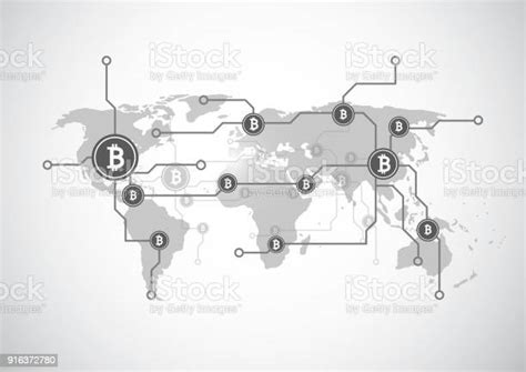 세계 지도 기술 네트워크 개념 미래 디지털 돈을 Bitcoin 디지털 통화 벡터 일러스트 레이 션 3차원 형태에 대한 스톡 벡터