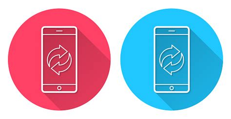 스마트폰의 재활용 기호 빨간색 또는 파란색 배경에 긴 그림자가 있는 둥근 아이콘 Brand Name Smart Phone에 대한 스톡 벡터 아트 및 기타 이미지