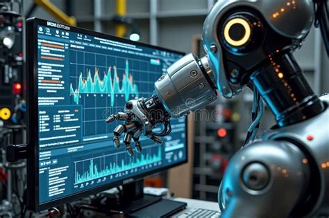 Robot Analyzing Data On Computer Screen In A High Tech Laboratory Stock Image Image Of