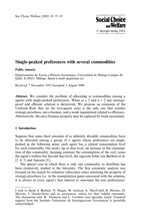 Pdf Single Peaked Preferences With Several Commodities