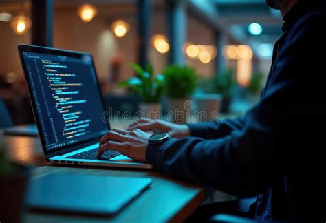 Man Works Late Night On Laptop In Office Coding On Laptop Screen